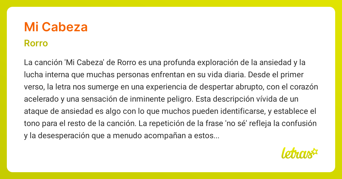 Significado de la canción MI CABEZA (Rorro) - LETRAS.COM