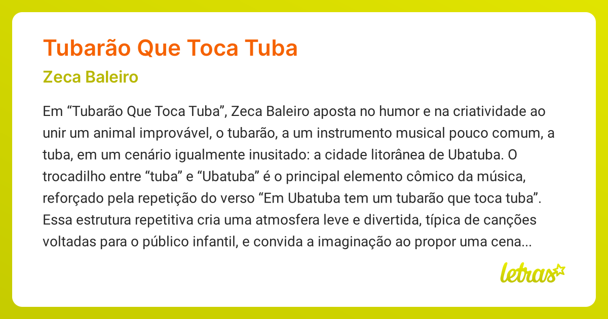 Significado da música TUBARÃO QUE TOCA TUBA (Zeca Baleiro) - LETRAS.MUS.BR