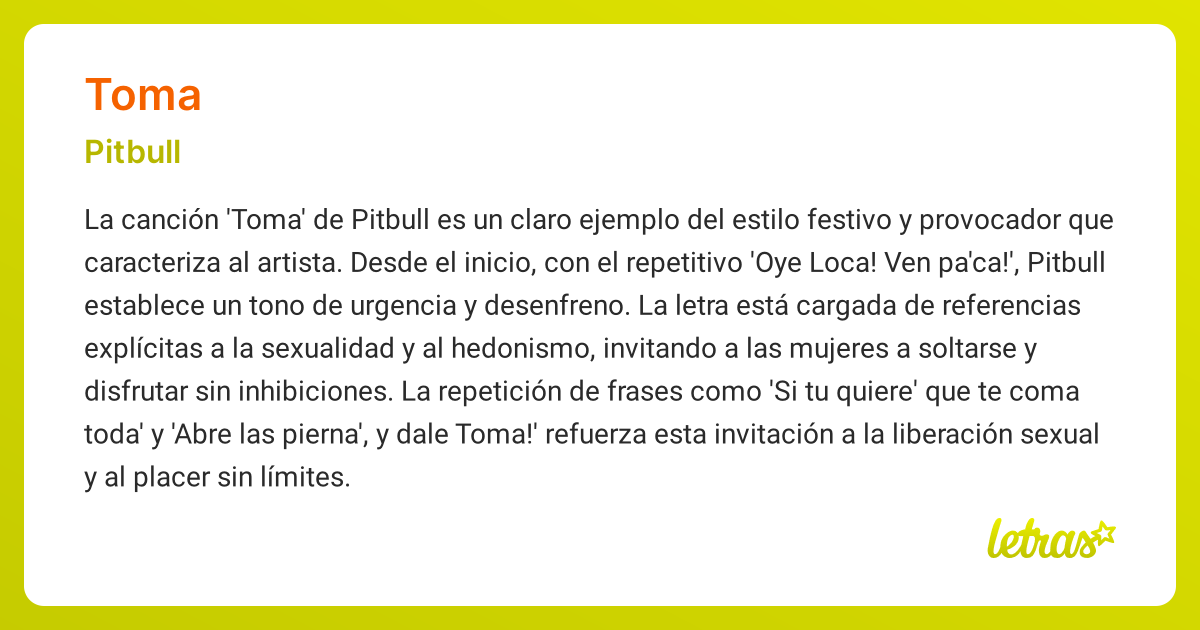 Significado de la canción TOMA (Pitbull) - LETRAS.COM