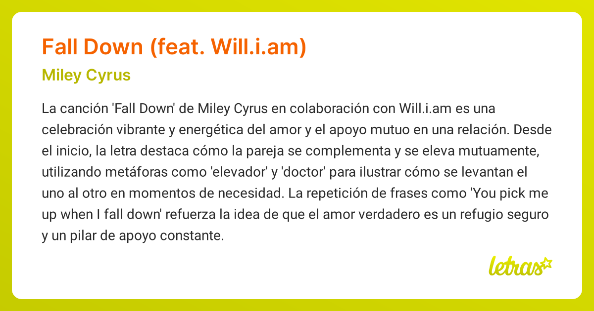 Significado de la canción FALL DOWN (FEAT. WILL.I.AM) (Miley Cyrus ...