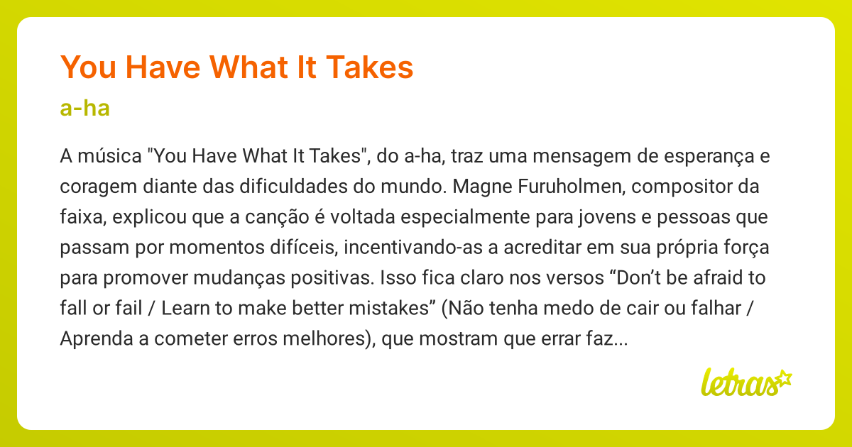 Significado da música YOU HAVE WHAT IT TAKES (a-ha) - LETRAS.MUS.BR