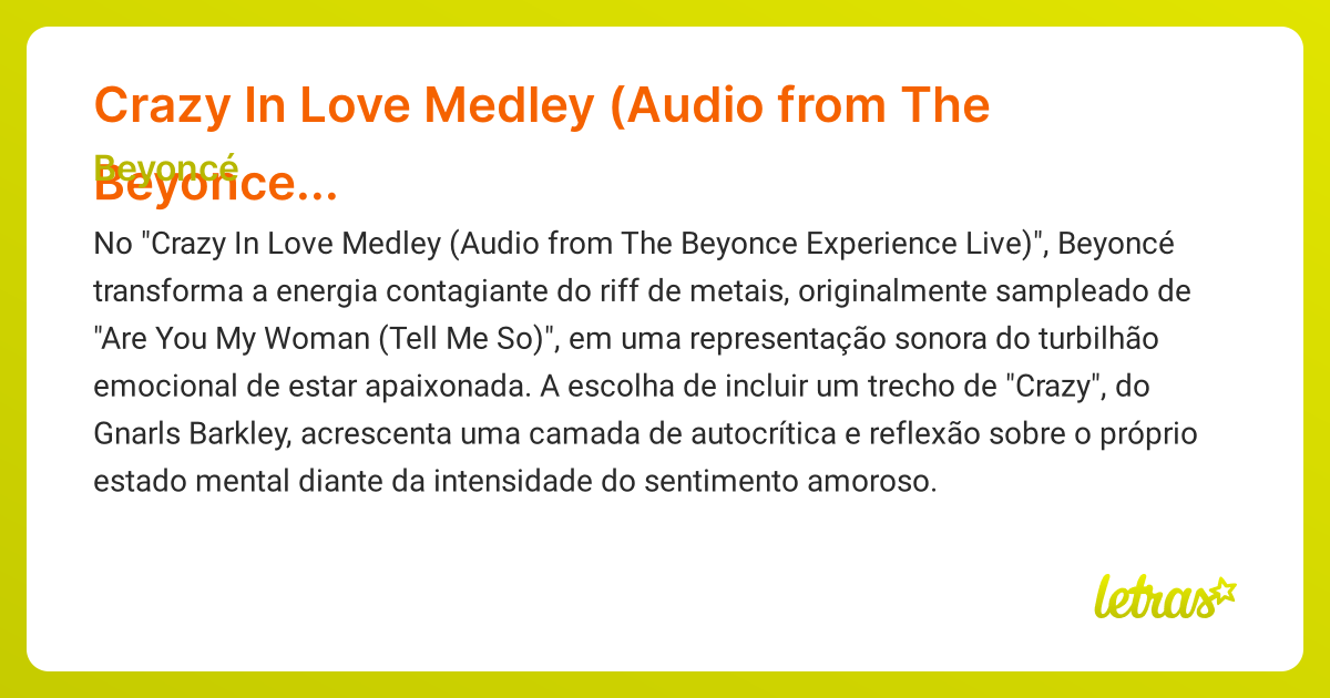 Significado da música Crazy In Love Medley (Audio from The Beyonce ...