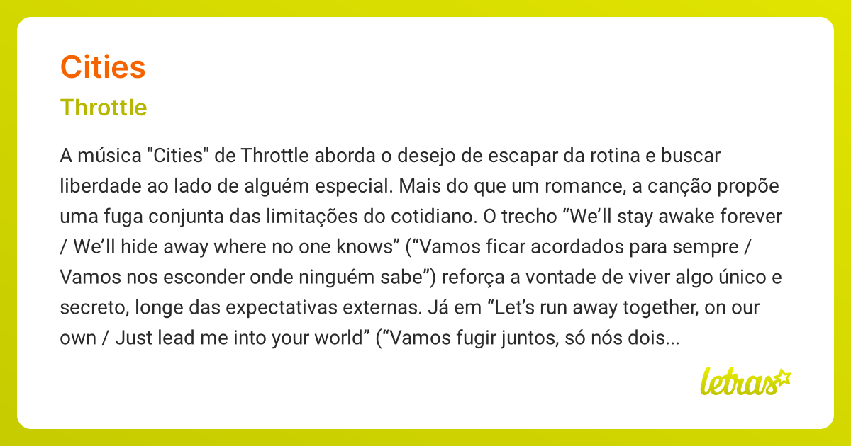 Significado da música CITIES (Throttle) - LETRAS.MUS.BR