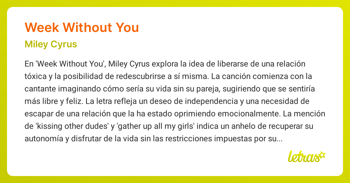 Significado de la canción WEEK WITHOUT YOU (Miley Cyrus) - LETRAS.COM