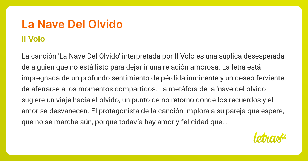 Significado de la canción LA NAVE DEL OLVIDO (Il Volo) - LETRAS.COM