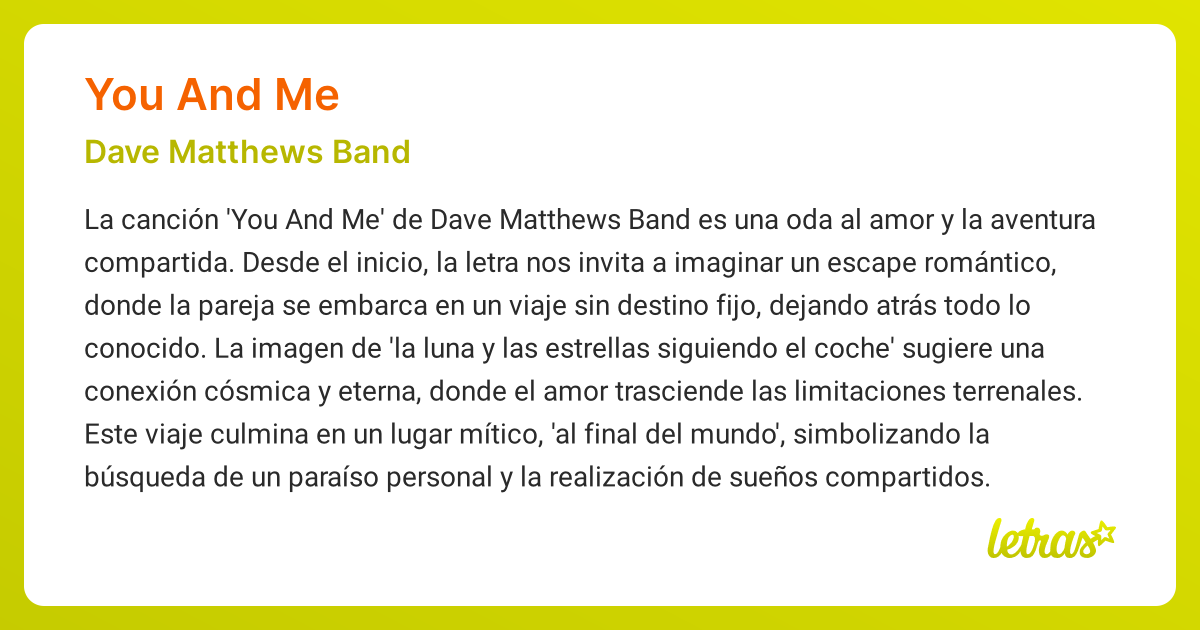 Significado de la canción YOU AND ME (Dave Matthews Band) - LETRAS.COM
