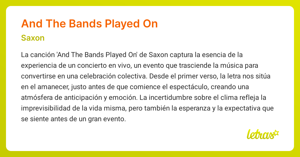 Significado de la canción AND THE BANDS PLAYED ON (Saxon) - LETRAS.COM