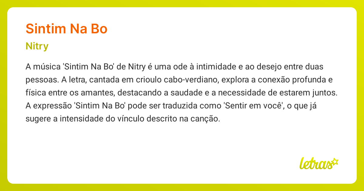 Significado da música SINTIM NA BO (Nitry) - LETRAS.MUS.BR