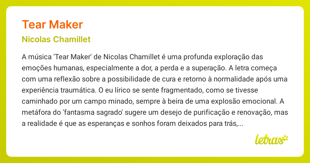 Significado da música TEAR MAKER (Nicolas Chamillet) - LETRAS.MUS.BR