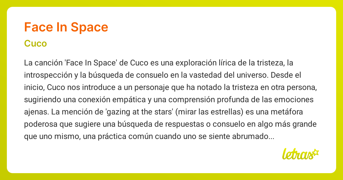 Significado de la canción FACE IN SPACE (Cuco) - LETRAS.COM