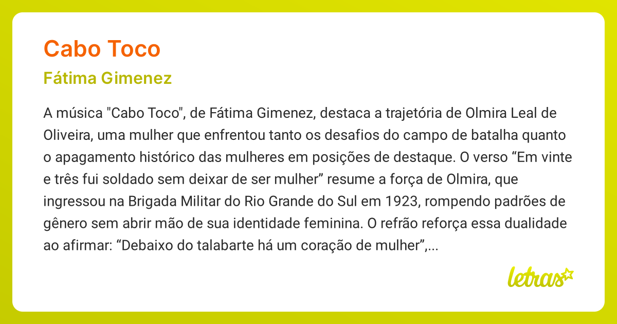 Significado da música CABO TOCO (Fátima Gimenez) - LETRAS.MUS.BR