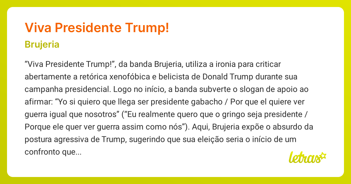 Significado da música VIVA PRESIDENTE TRUMP! (Brujeria) - LETRAS.MUS.BR