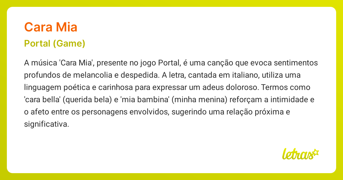 Significado da música CARA MIA (Portal (Jogo)) - LETRAS.MUS.BR