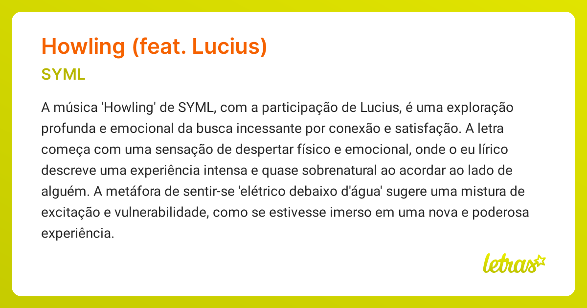 Significado da música HOWLING (FEAT. LUCIUS) (SYML) - LETRAS.MUS.BR