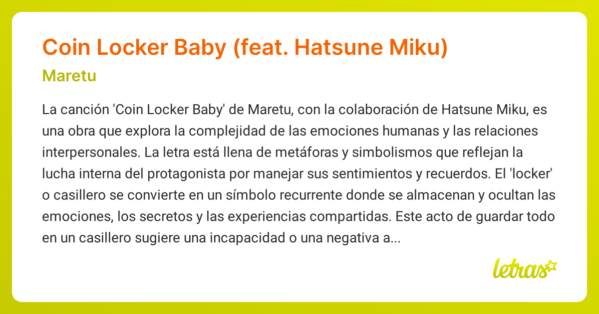 Significado de la canción Coin Locker Baby (feat. Hatsune Miku) (Maretu ...