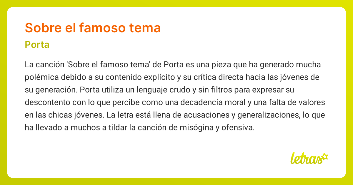 Significado de la canción SOBRE EL FAMOSO TEMA (Porta) - LETRAS.COM