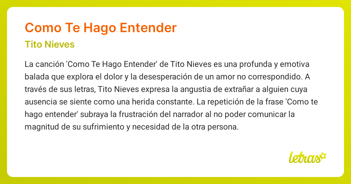 Significado de la canción COMO TE HAGO ENTENDER (Tito Nieves) - LETRAS.COM