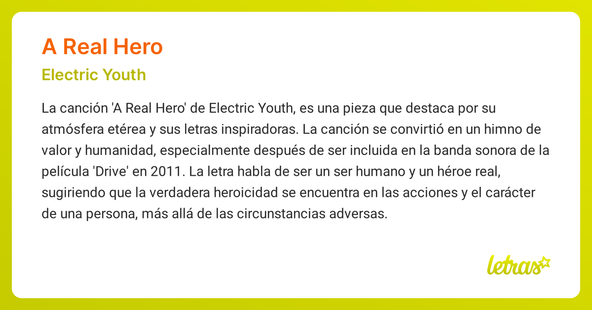 Significado de la canción A REAL HERO (Electric Youth) - LETRAS.COM