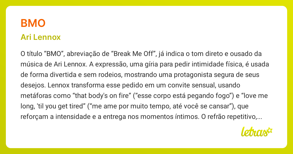 Significado da música BMO (Ari Lennox) - LETRAS.MUS.BR