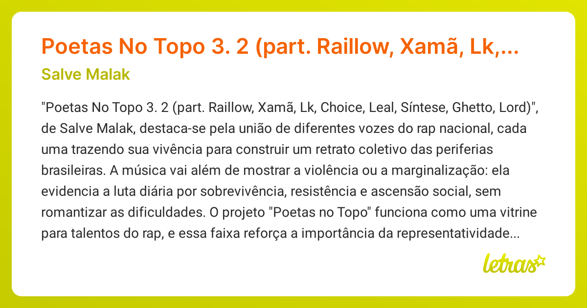 Significado da música Poetas No Topo 3. 2 (part. Raillow, Xamã, Lk ...