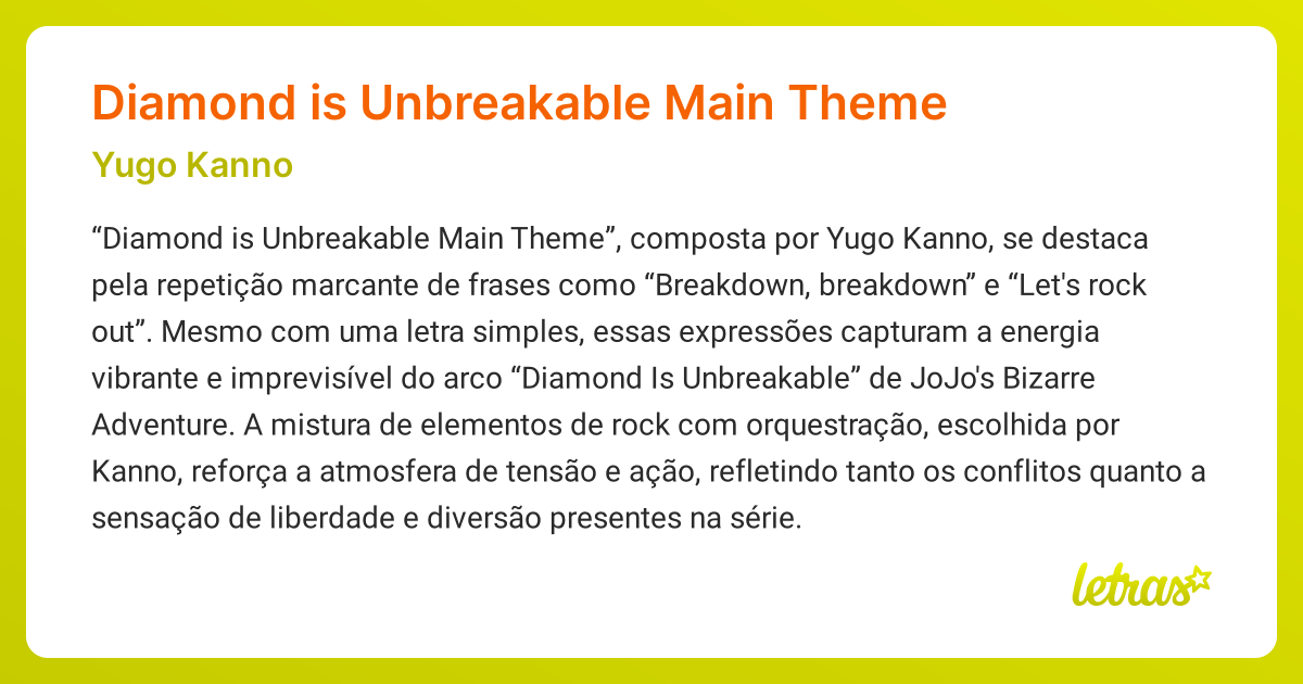 Significado da música Diamond is Unbreakable Main Theme (Yugo Kanno ...