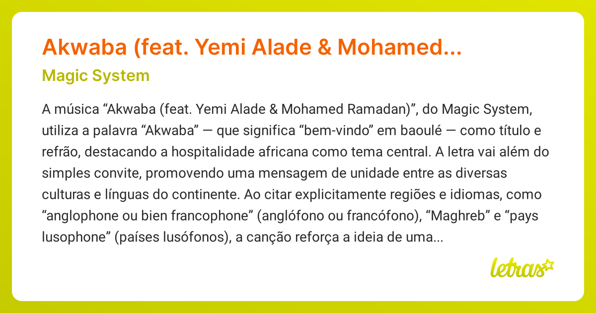 Significado da música Akwaba (feat. Yemi Alade & Mohamed Ramadan ...