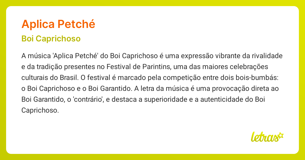 Significado da música APLICA PETCHÉ (Boi Caprichoso) - LETRAS.MUS.BR