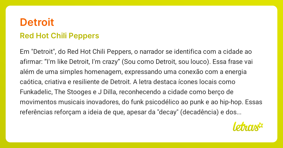 Significado da música DETROIT (Red Hot Chili Peppers) - LETRAS.MUS.BR