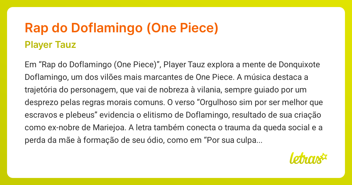 Significado da música RAP DO DOFLAMINGO (ONE PIECE) (Player Tauz ...