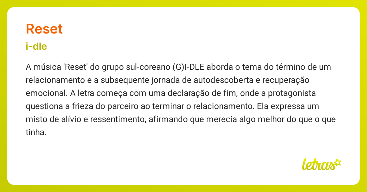 Significado da música RESET (i-dle) - LETRAS.MUS.BR