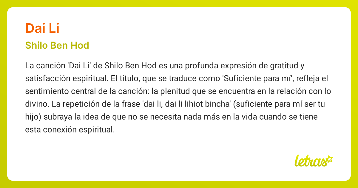 Significado de la canción DAI LI (Shilo Ben Hod) - LETRAS.COM