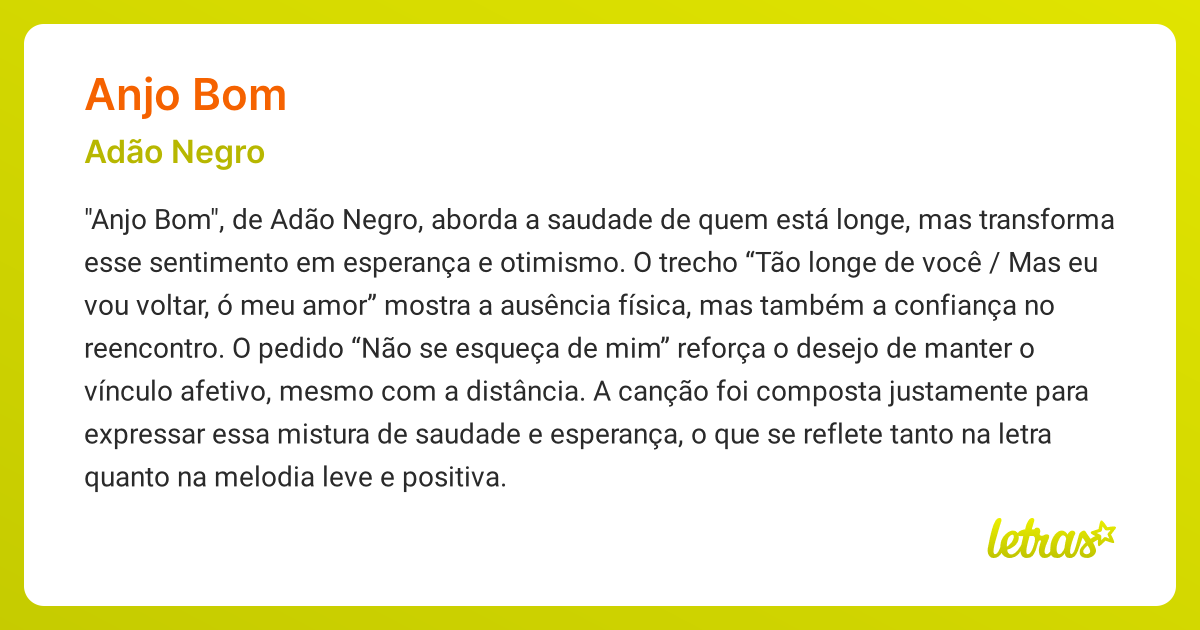 Significado da música ANJO BOM (Adão Negro) - LETRAS.MUS.BR