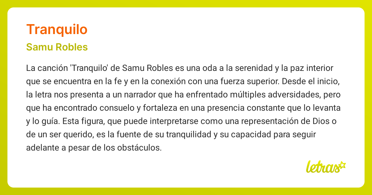 Significado de la canción TRANQUILO (Samu Robles) - LETRAS.COM