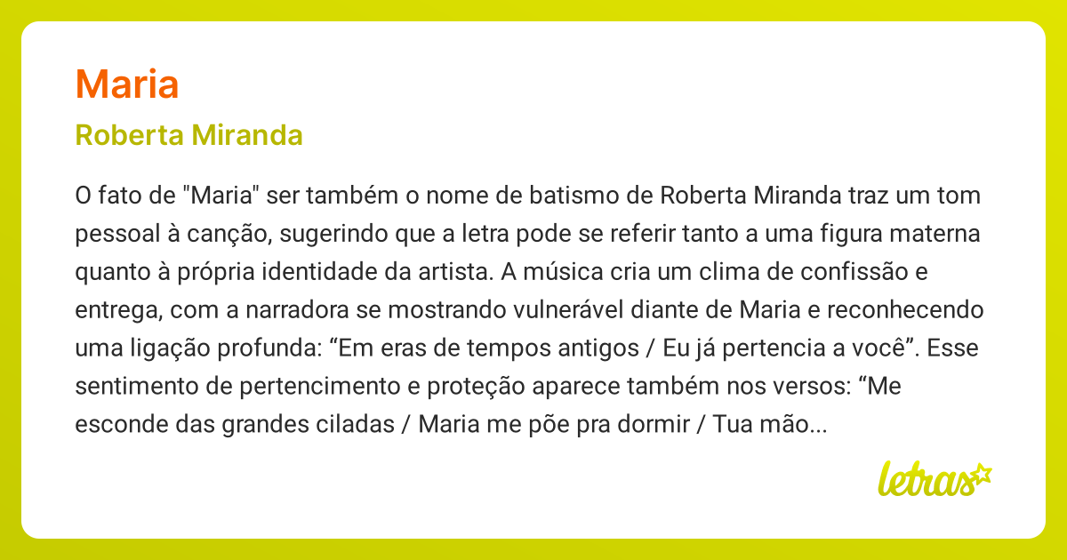 Significado da música MARIA (Roberta Miranda) - LETRAS.MUS.BR