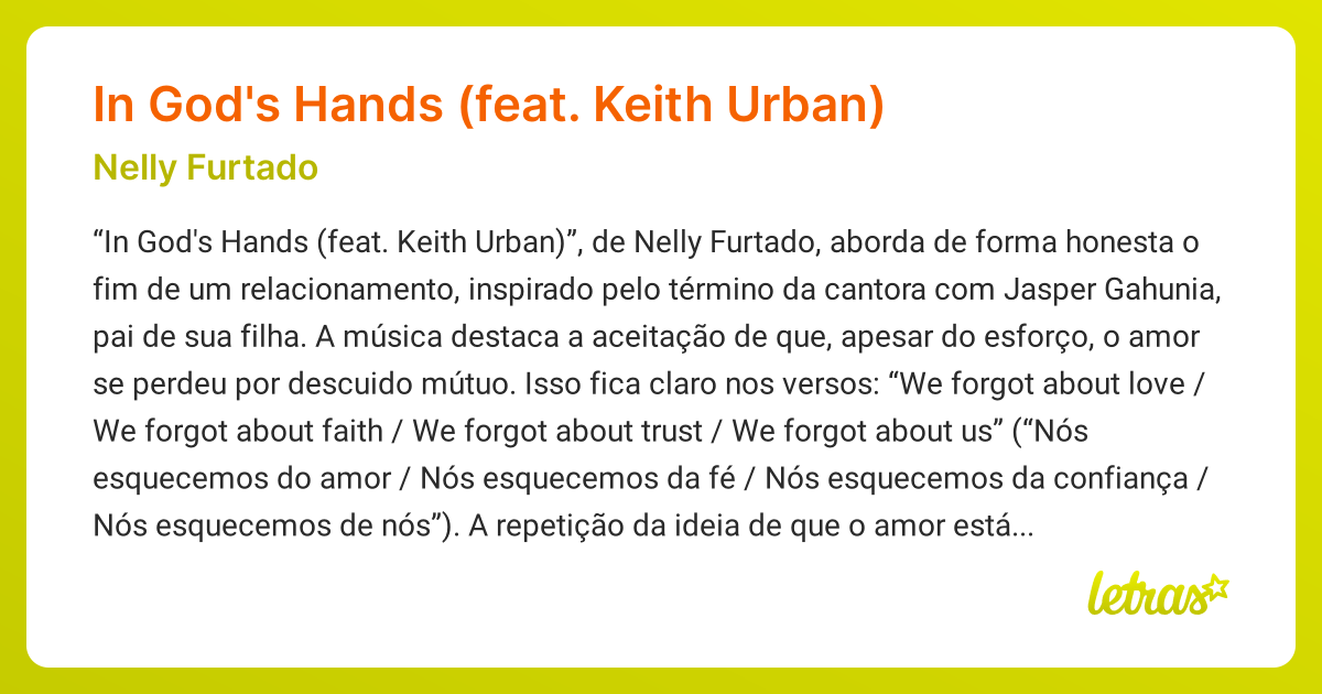 Significado da música In God's Hands (feat. Keith Urban) (Nelly Furtado ...
