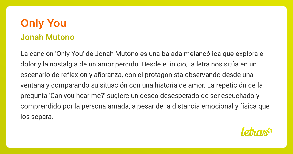Significado de la canción ONLY YOU (Jonah Mutono) - LETRAS.COM