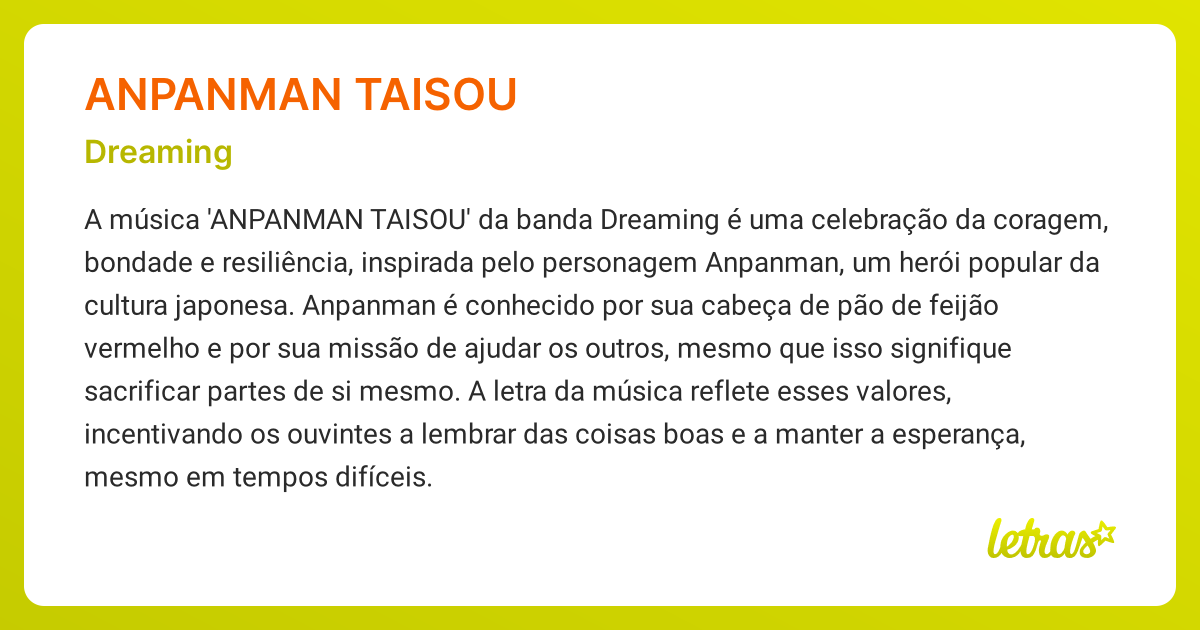 Significado da música ANPANMAN TAISOU (Dreaming) - LETRAS.MUS.BR