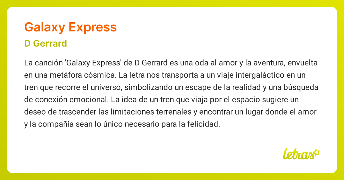 Significado de la canción GALAXY EXPRESS (D Gerrard) - LETRAS.COM
