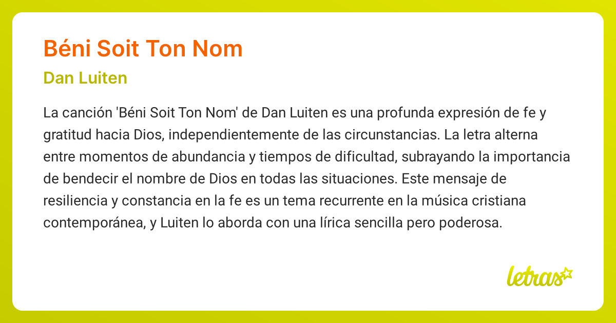 Significado de la canción BÉNI SOIT TON NOM (Dan Luiten) - LETRAS.COM