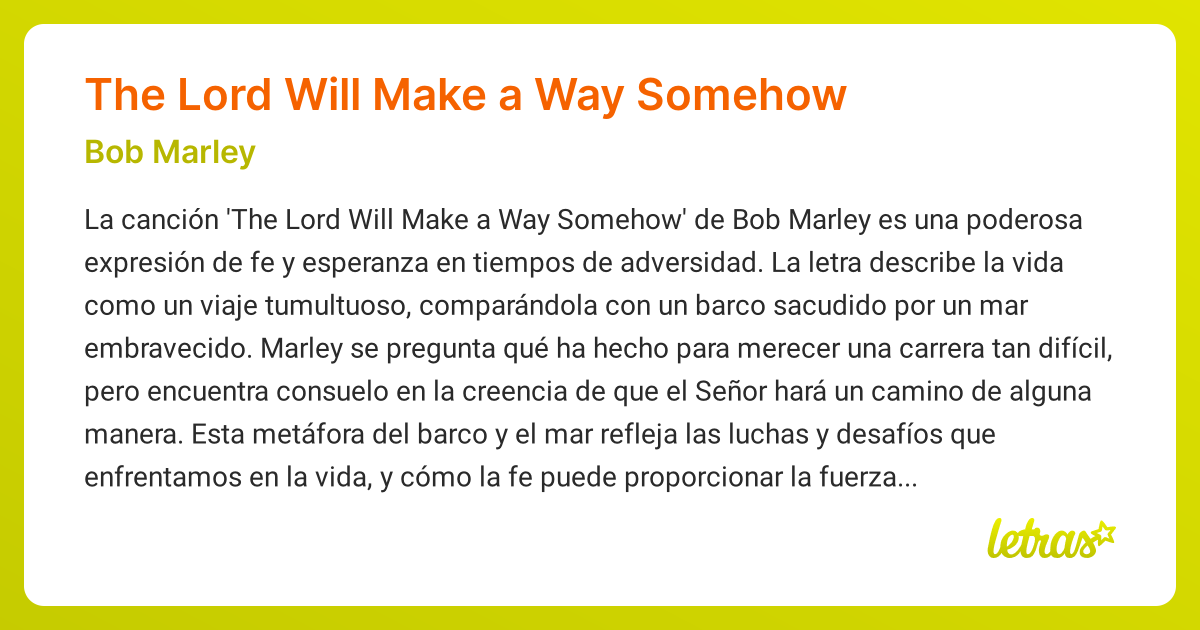 Significado de la canción The Lord Will Make a Way Somehow (Bob Marley ...