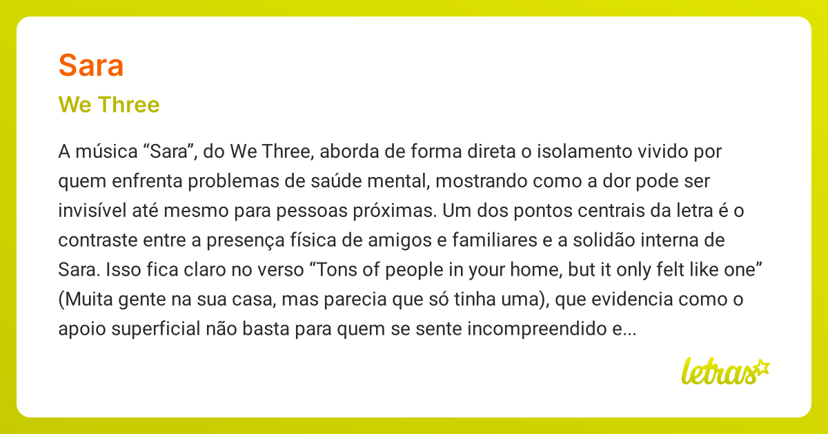 Significado da música SARA (We Three) - LETRAS.MUS.BR