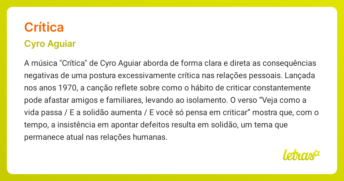 Significado da música CRÍTICA (Cyro Aguiar) - LETRAS.MUS.BR