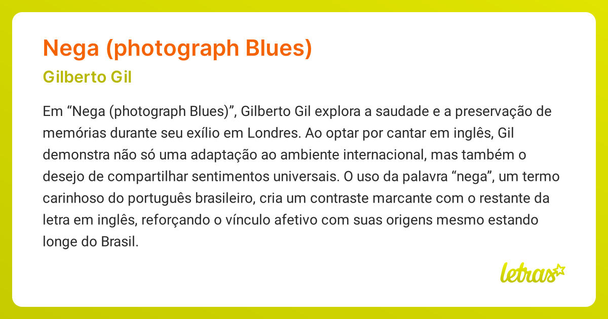Significado da música NEGA (PHOTOGRAPH BLUES) (Gilberto Gil) - LETRAS ...