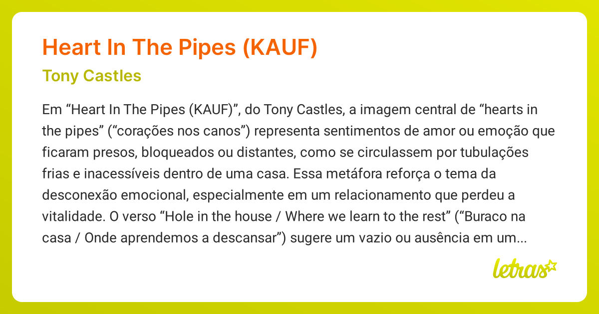 Significado da música HEART IN THE PIPES (KAUF) (Tony Castles) - LETRAS ...