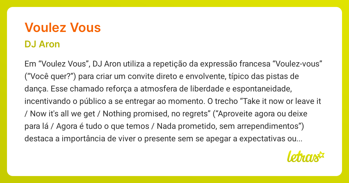 Significado da música VOULEZ VOUS (DJ Aron) - LETRAS.MUS.BR
