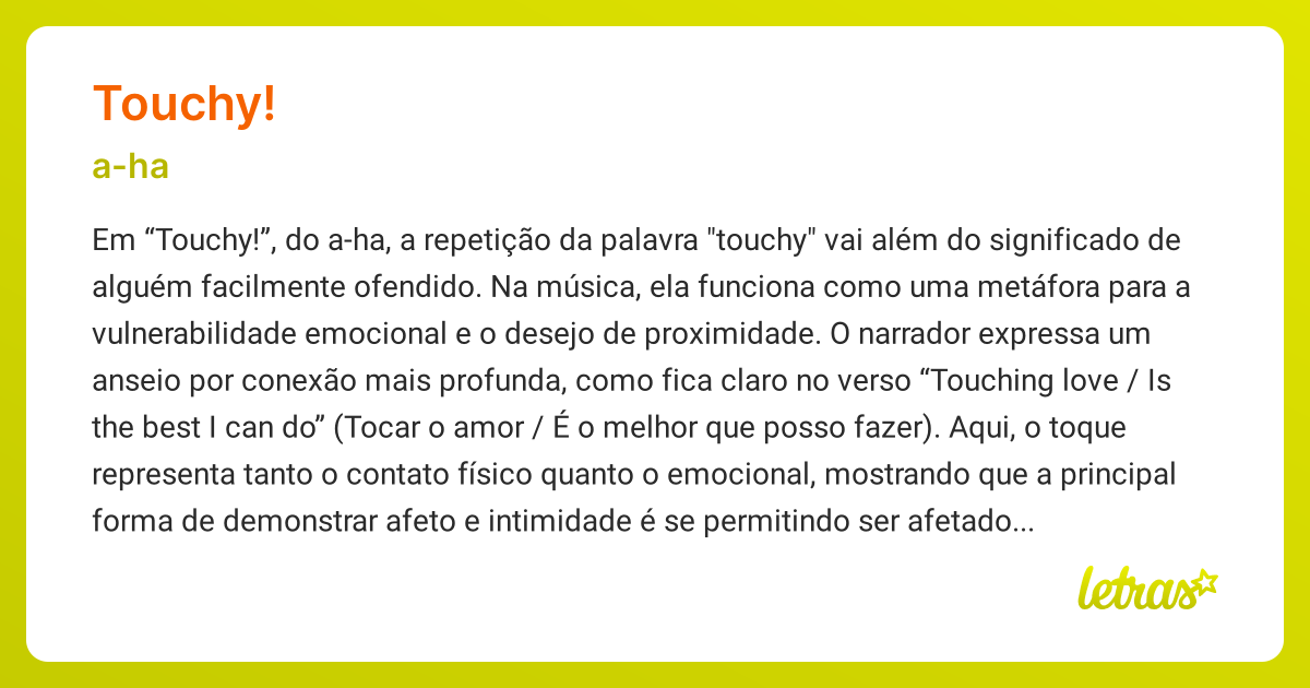 Significado da música TOUCHY! (a-ha) - LETRAS.MUS.BR
