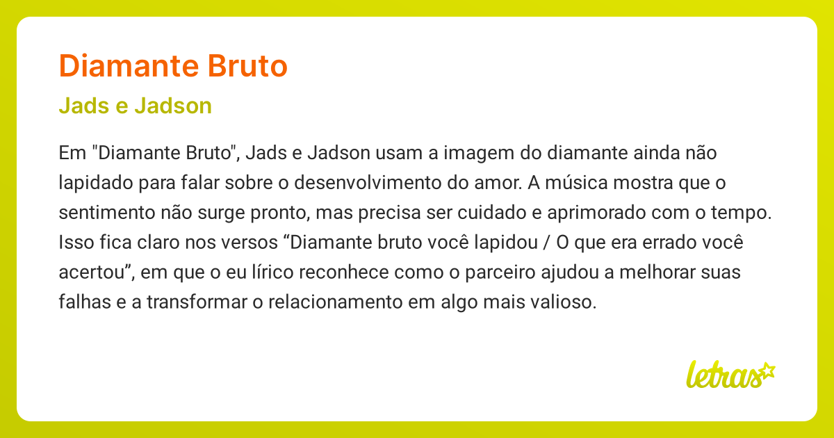Significado da música DIAMANTE BRUTO (Jads e Jadson) - LETRAS.MUS.BR