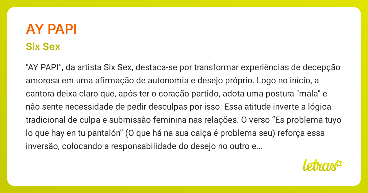 Significado Da Música Ay Papi Six Sex Letras Mus Br