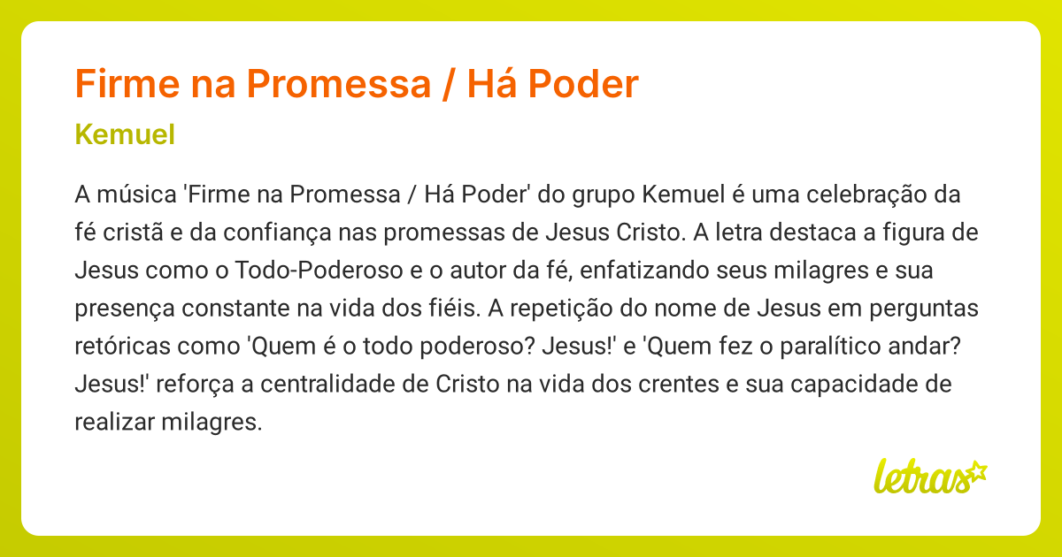 Significado da música FIRME NA PROMESSA / HÁ PODER (Kemuel) - LETRAS.MUS.BR