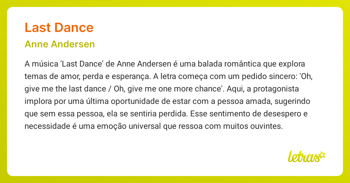 Significado da música LAST DANCE (Anne Andersen) - LETRAS.MUS.BR
